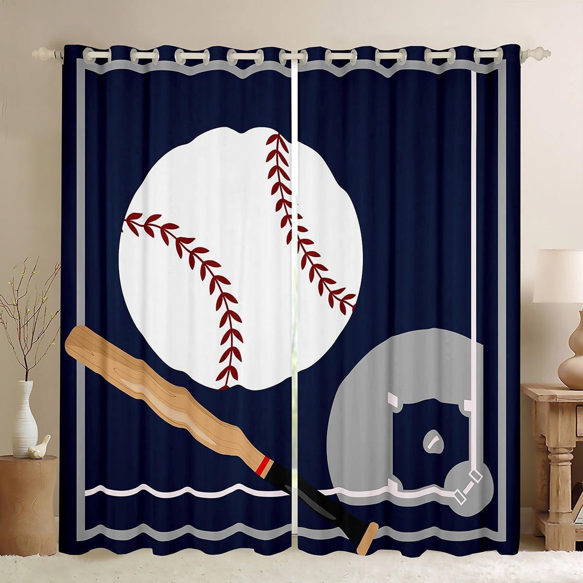 Baseball Curtains Drapes,Sports Themed Curtains Bedroom Decor,Dark Blue ...