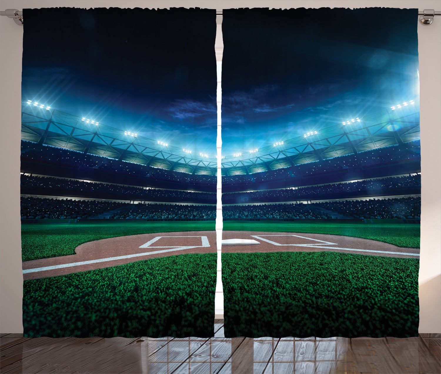Ambesonne Sports Curtains 2 Panel Set, Baseball Stadium Night, 108" x ...