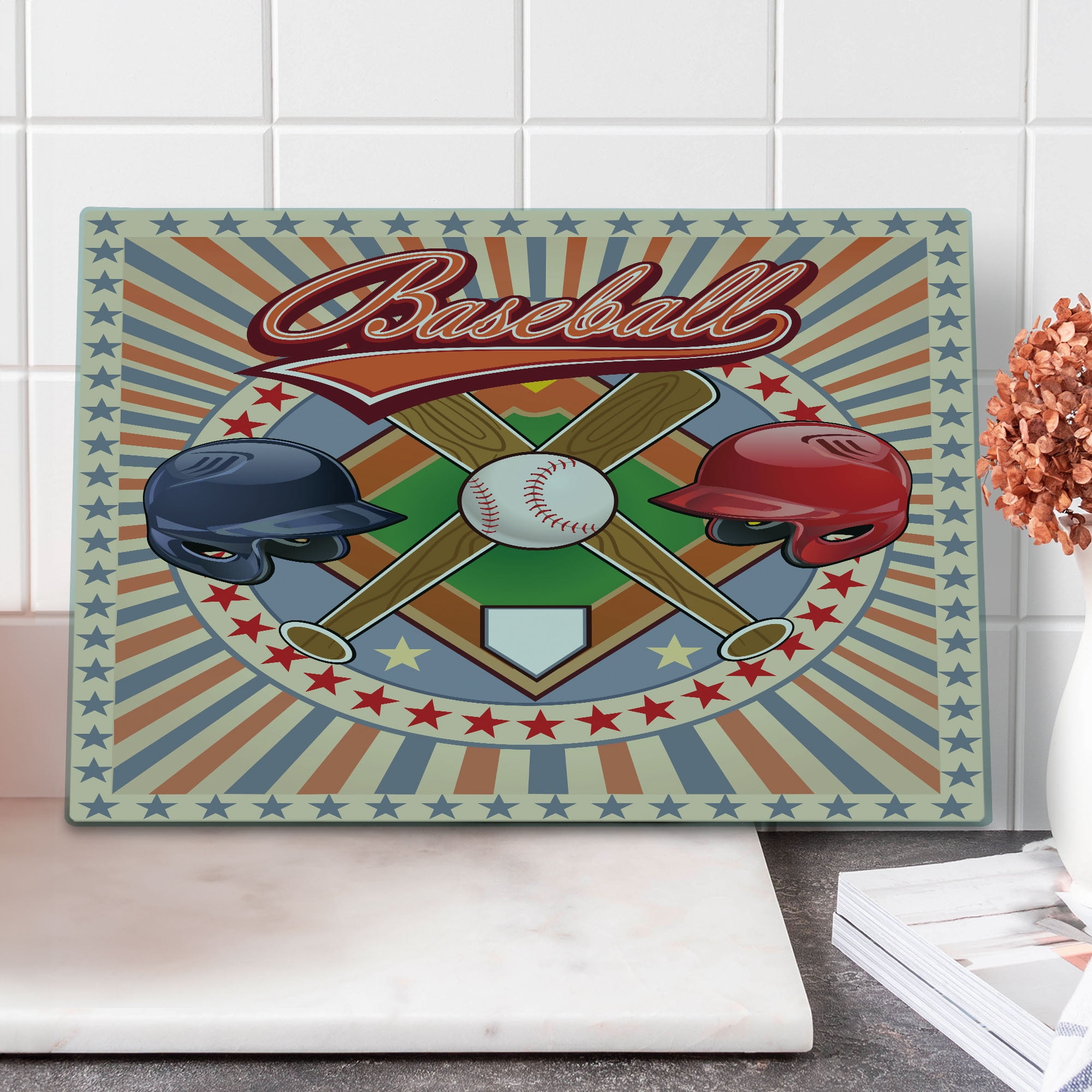 Baseball Cutting Board, Retro Pop Art Softball Logo Vertical Striped ...