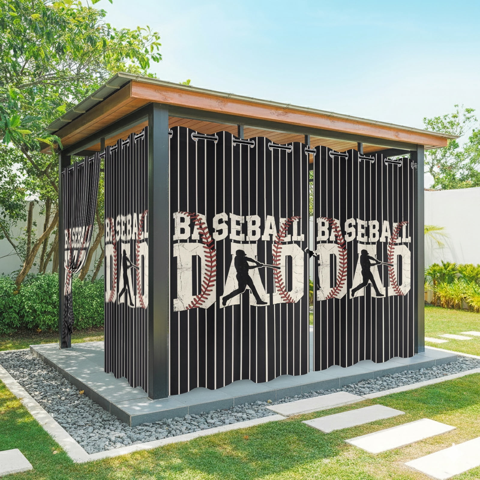 Baseball Dad Outdoor Curtains for Patio, Father's Day Strip Sport Black ...
