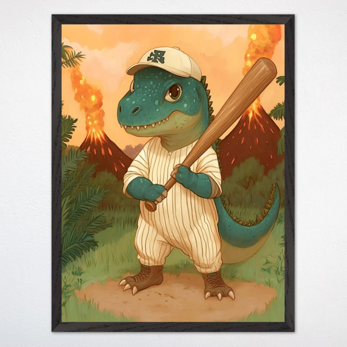 Baseball Dinosaur Wall Art, Sporty Forest Nursery Decor, Whimsical Dino ...