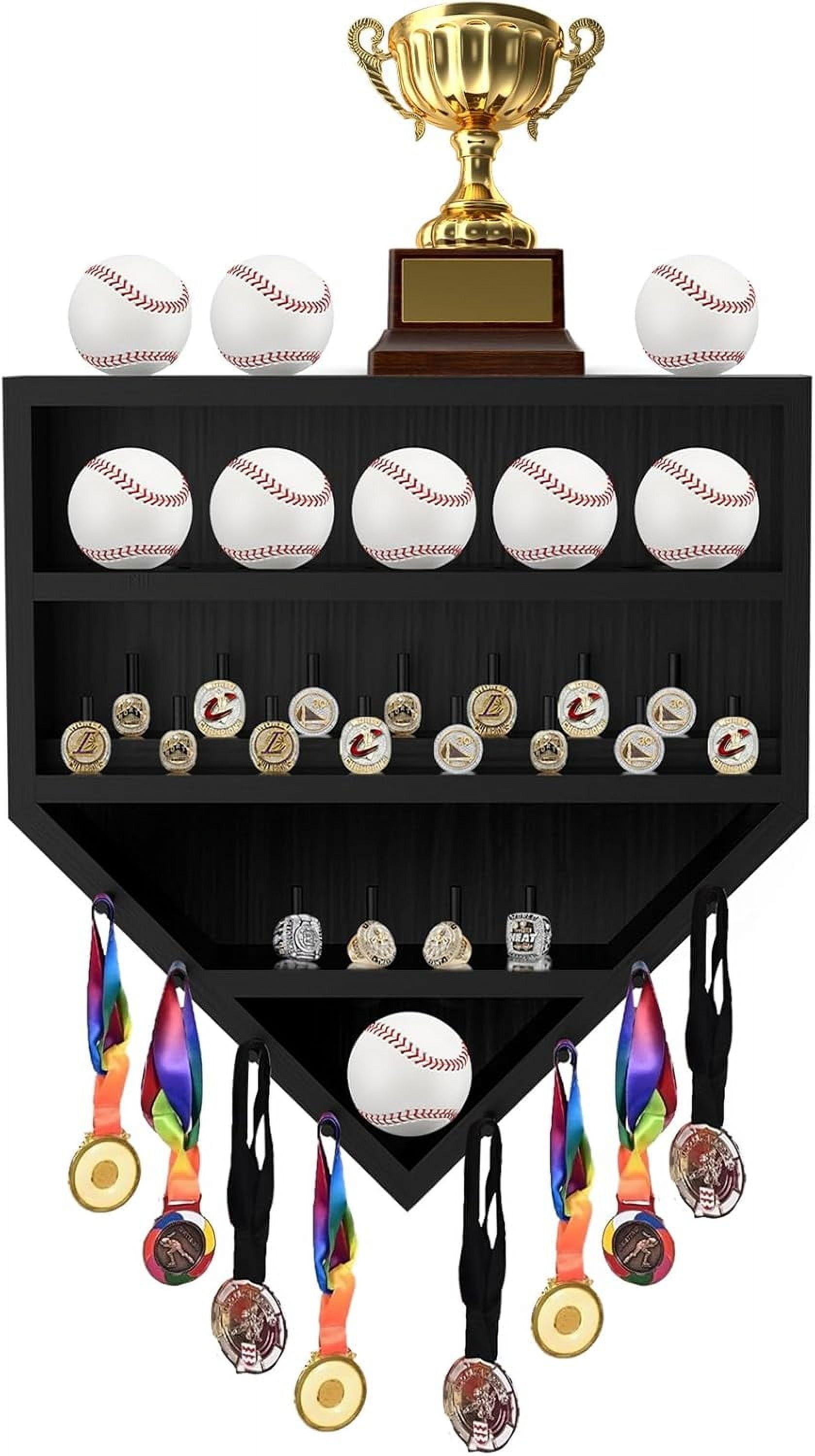 Baseball Display Case with Baseball Ring Holder, Wooden Medal Display ...