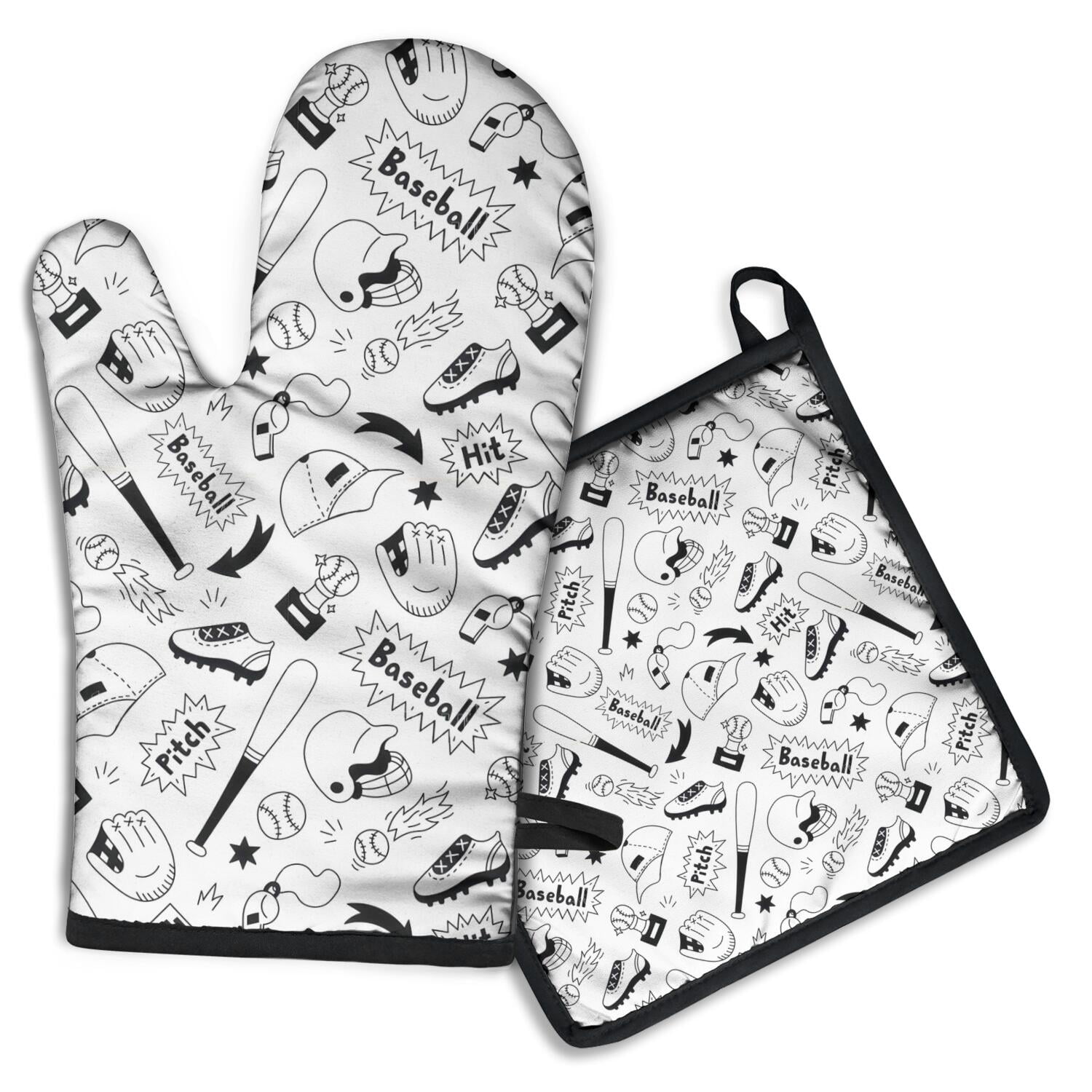 Baseball Doodle Pattern Kitchen Oven Mitt and Pot Holder Sets 4 Pcs for ...