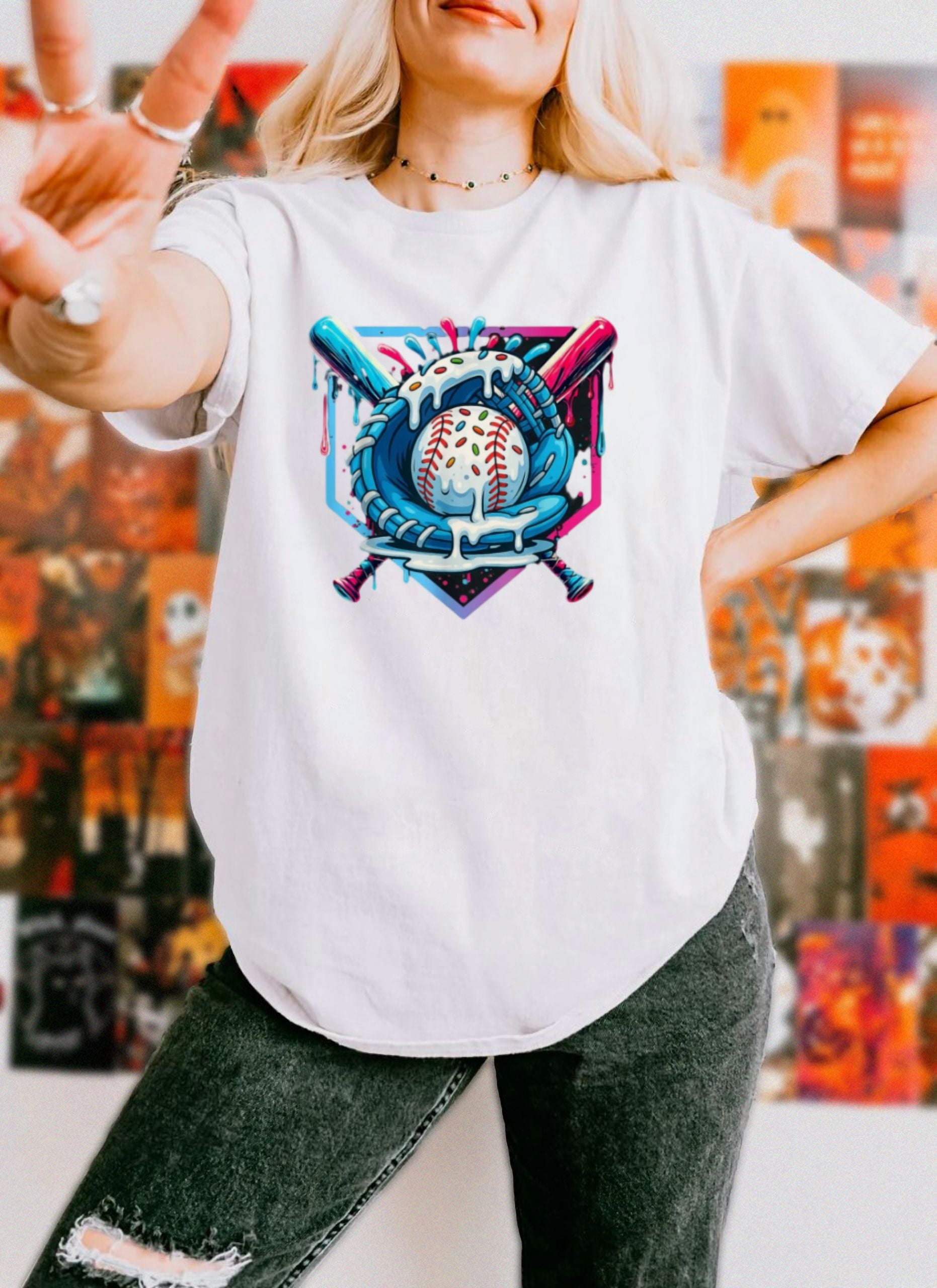 Baseball Drip Colorful Bats Halloween Sports Cartoon Graphic Unisex T ...