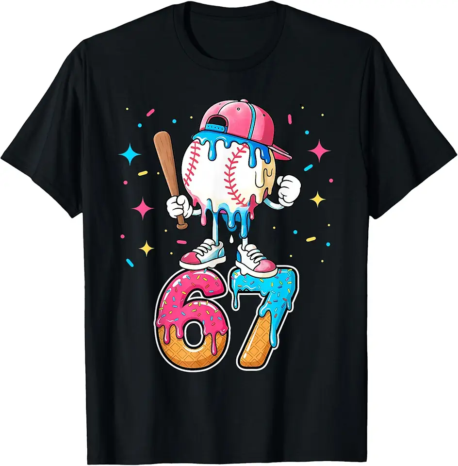 Baseball Drip Number 67 Six Seven Meme Ice Cream Dripping T-Shirt ...