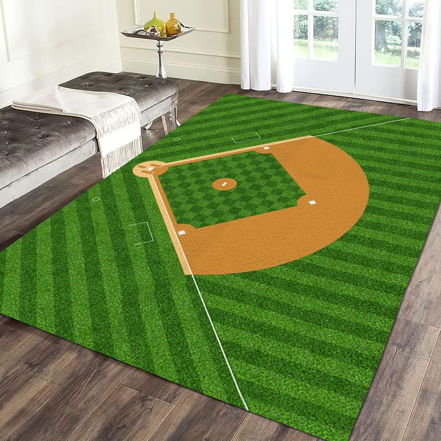 Baseball Field Area Carpet, 5ft x 7ft, Green Sports Field Living Room ...