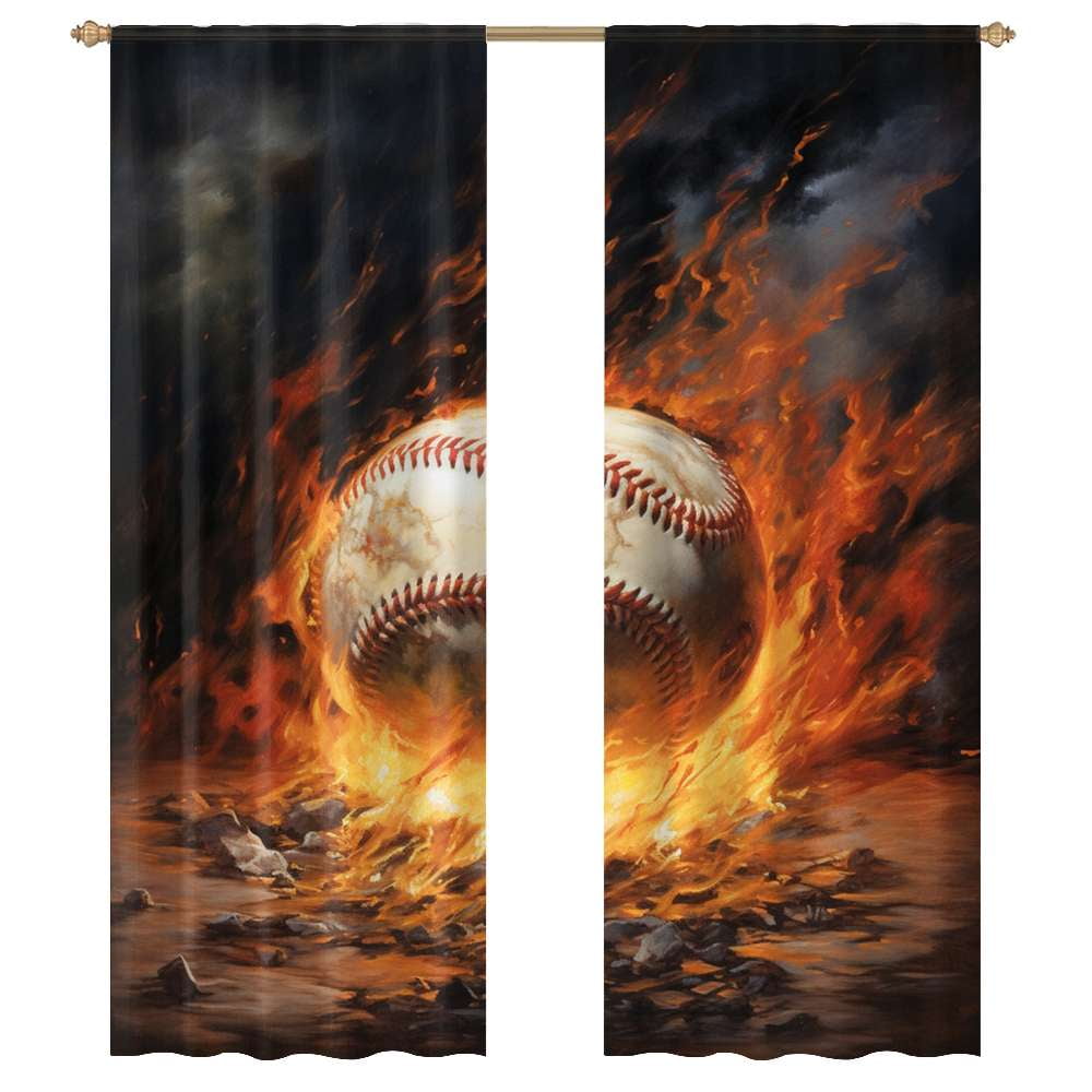 Baseball Fire Sheer Window Curtains for Living Room Kitchen Bedroom ...
