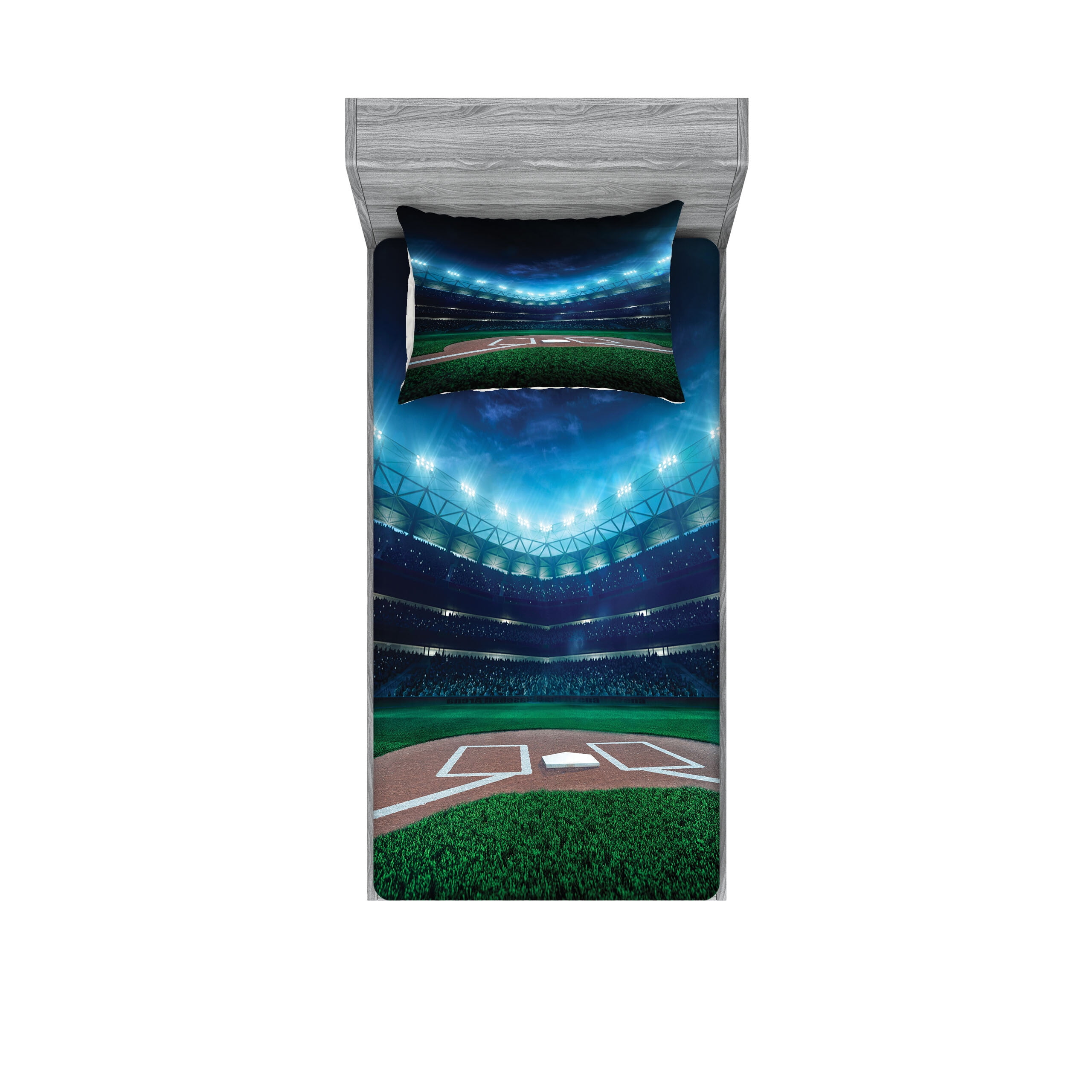 Baseball Fitted Sheet & Pillow Sham Set, Professional Baseball Field at ...