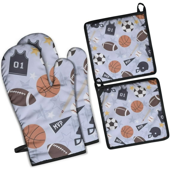 Baseball Football Pattern Kitchen Oven Mitt and Pot Holder Sets 2 Pcs ...