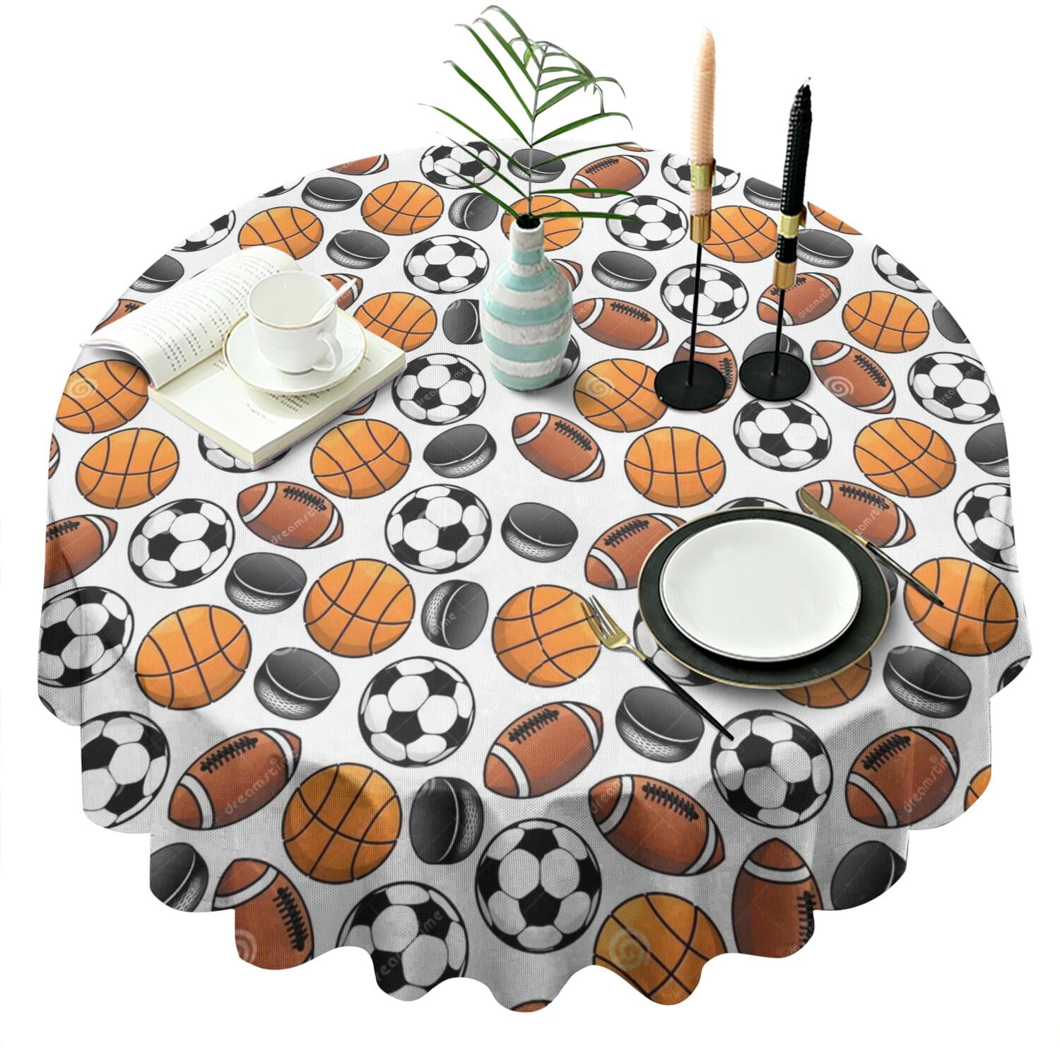 Baseball Football Pattern Round Tablecloth 60"x60",Wrinkle Wipeable ...