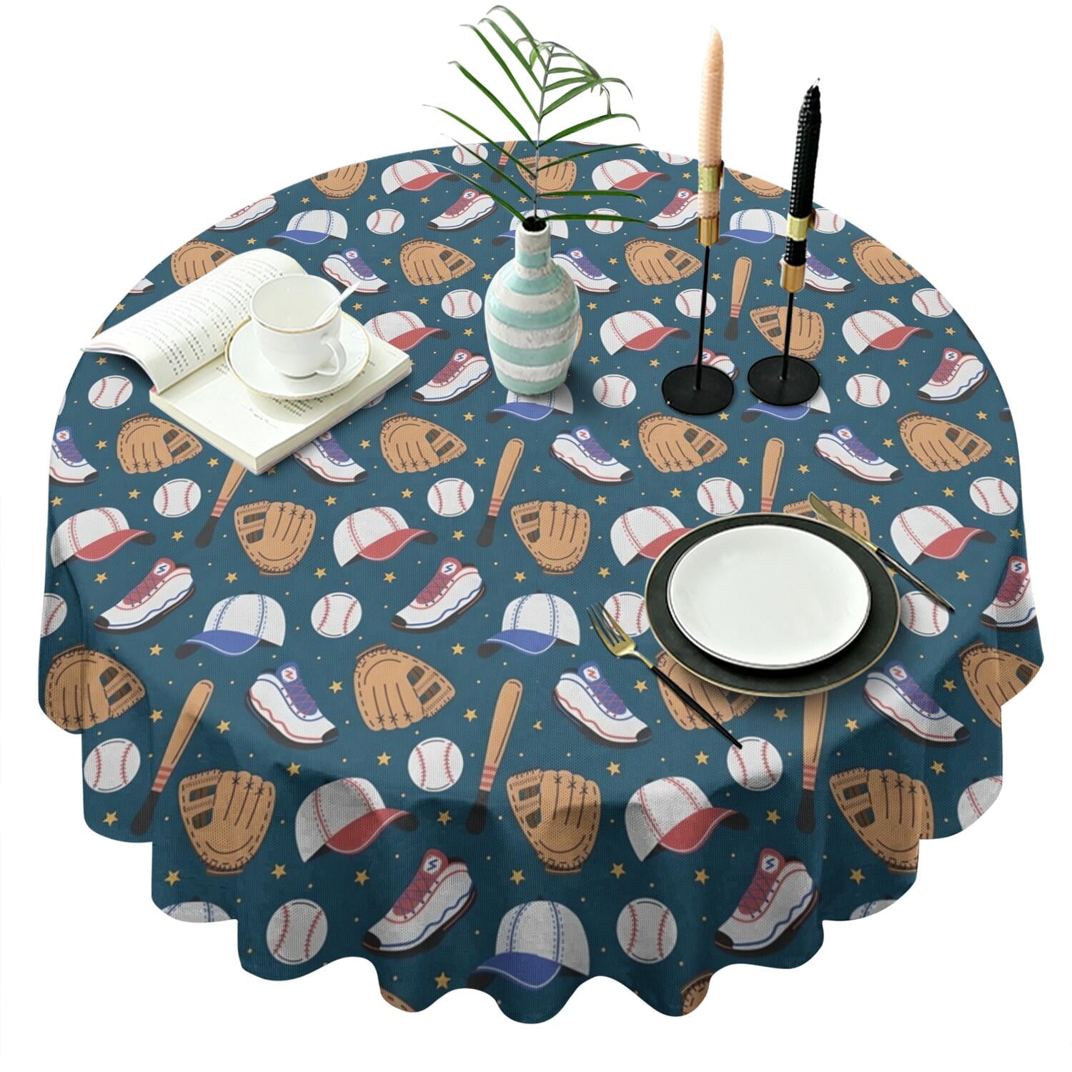 Baseball Gear Pattern Round Tablecloth 60"x60",Wrinkle Wipeable Table ...
