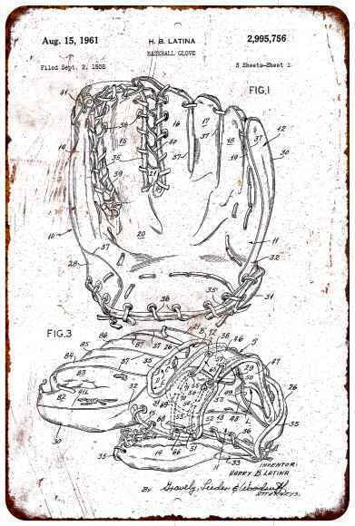 Baseball Glove Patent Vintage Retro Reproduction metal aluminium Sign ...