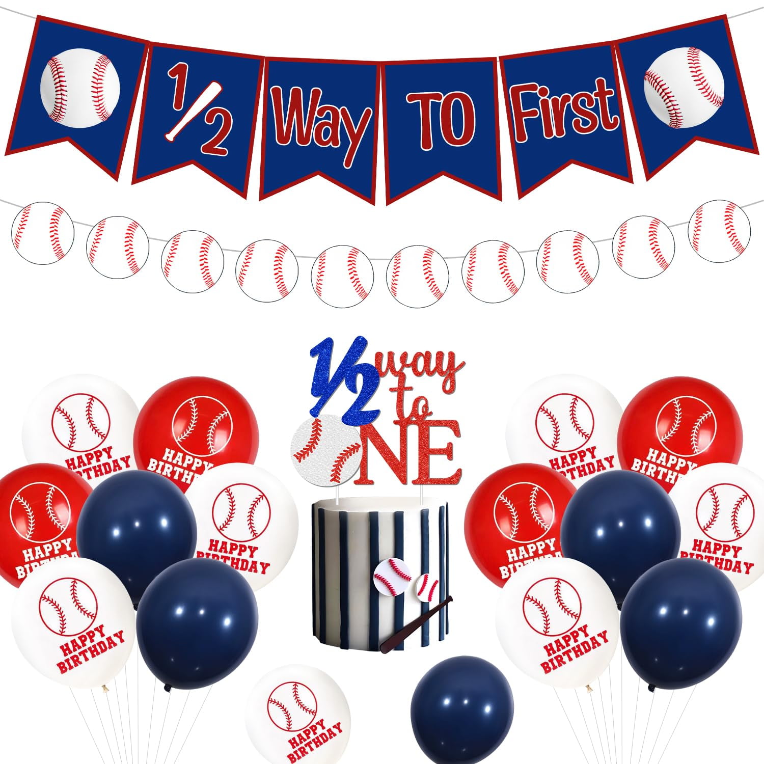 Baseball Half BirthdayTRDN Party Decorations Blue Red 1/2 Way Baseball ...