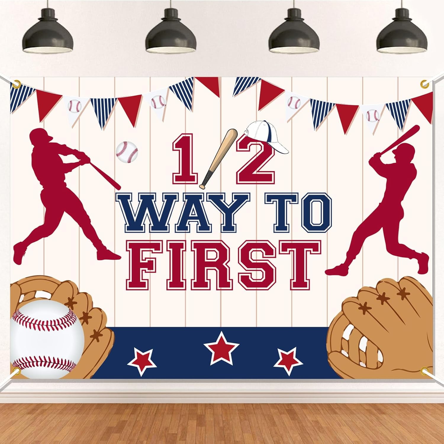 Baseball Half Way to First Backdrop Sports Theme Happy 1/2 Birthday ...
