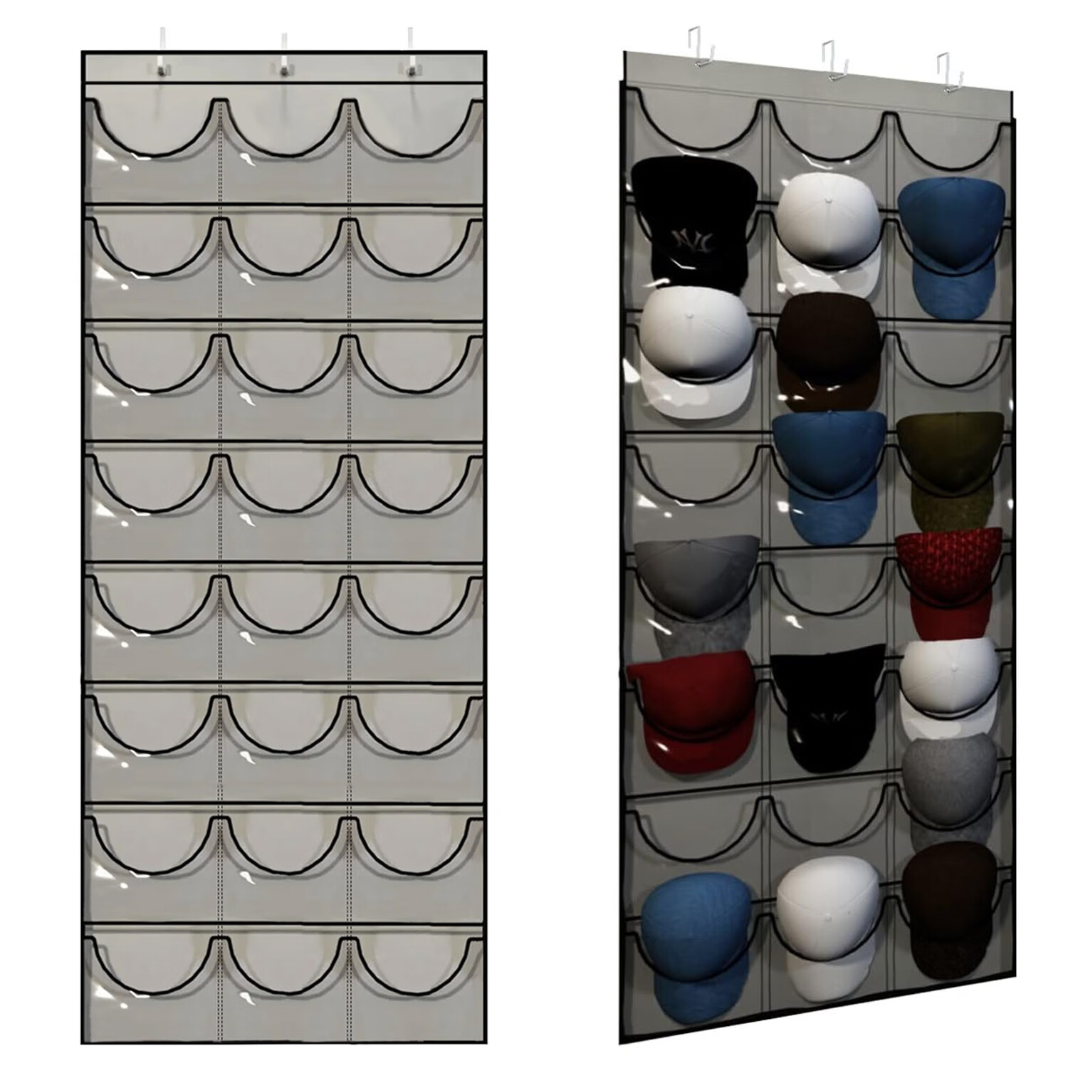 Baseball Hat Rack, 24 Pocket Over-The-Door Cap Organizer with Clear ...