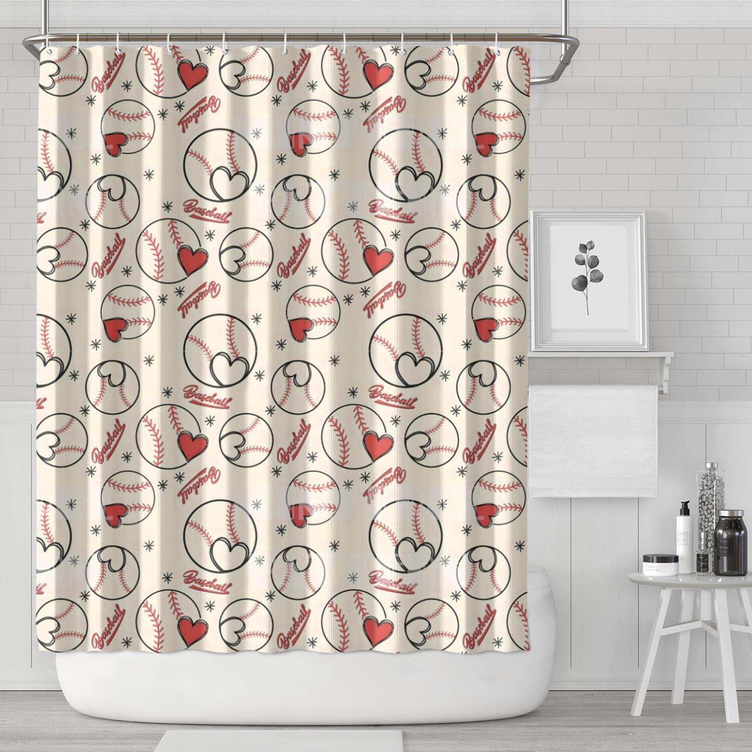 Baseball Heart Pattern Shower Curtain 84"x72" ,Bathroom Decorative ...