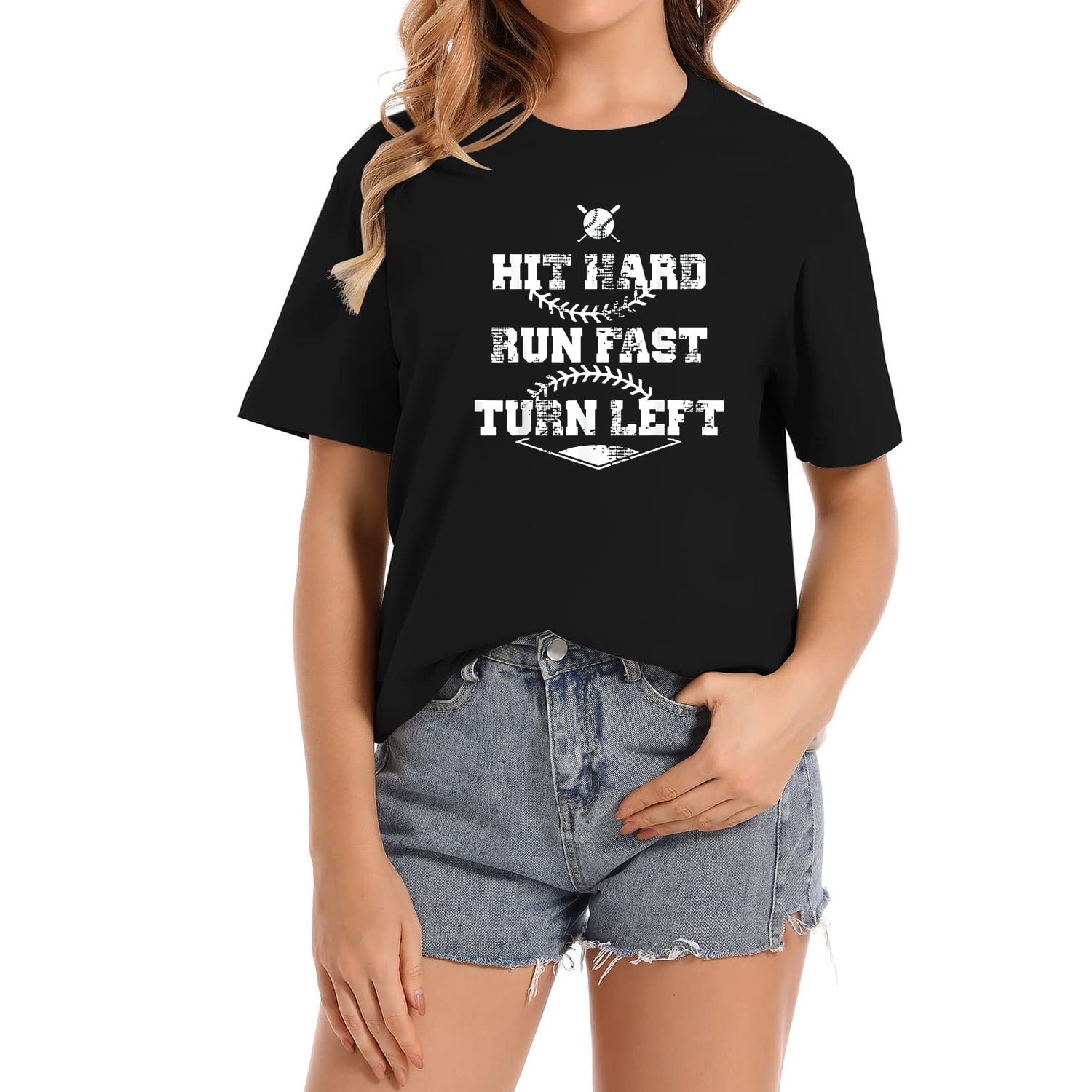 Baseball Hit Hard Run Fast Turn Left T-Shirt - Walmart.com