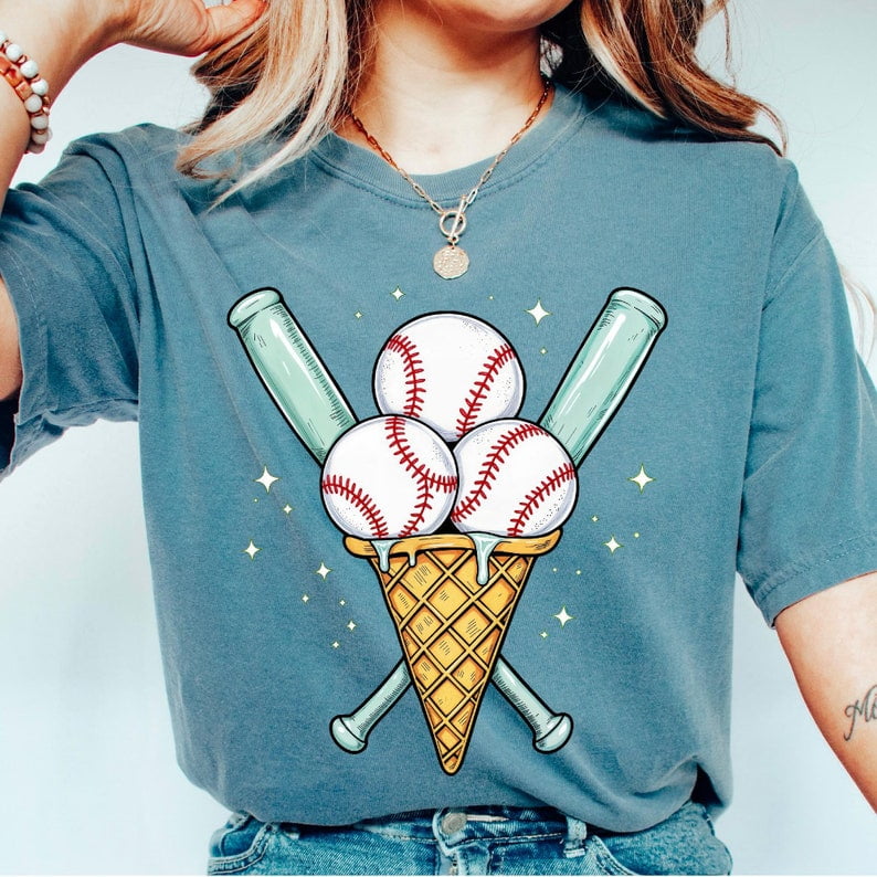 Baseball Ice Cream Cone T-Shirt, Baseball and Bat Design, Sublimation ...