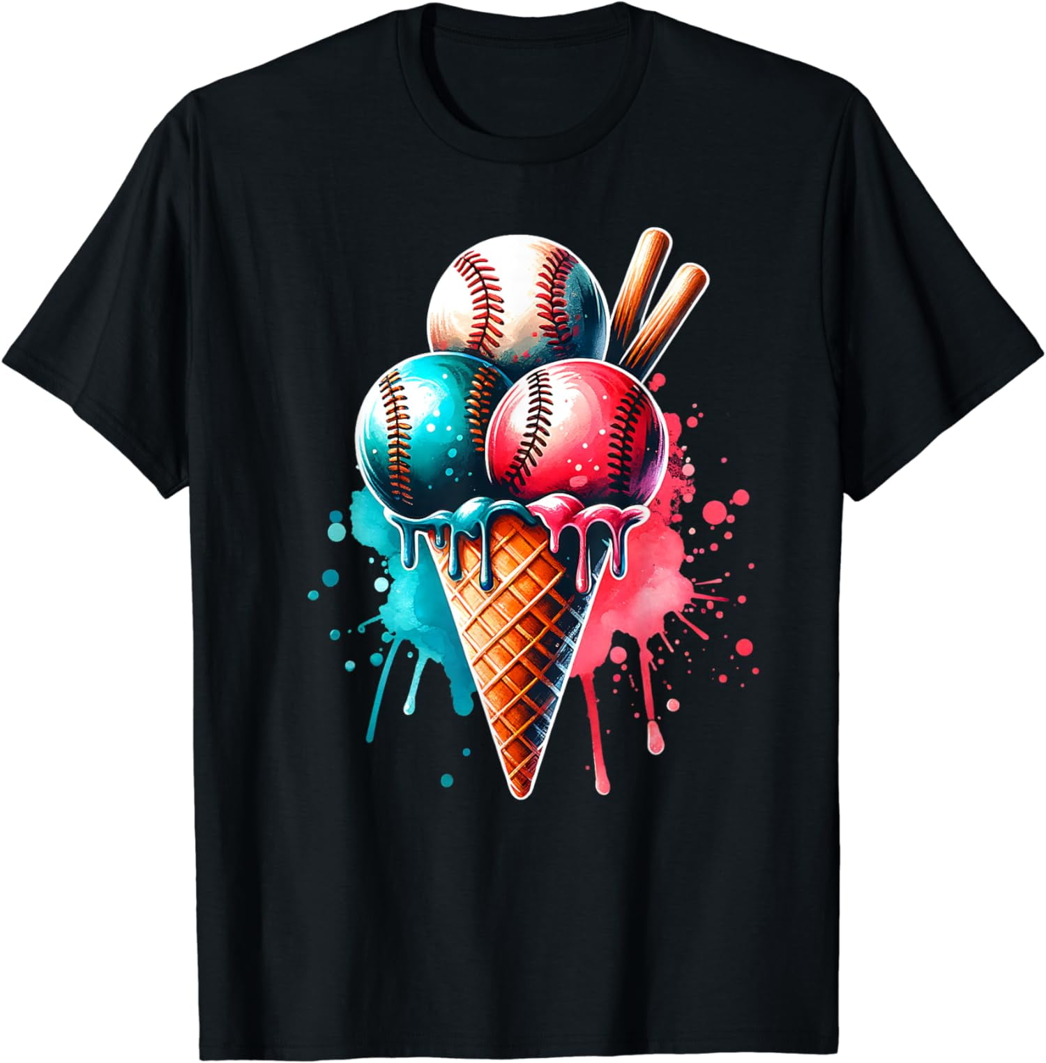 Baseball Ice Cream Watercolor Sports Lover Ice Cream Cone T-Shirt ...