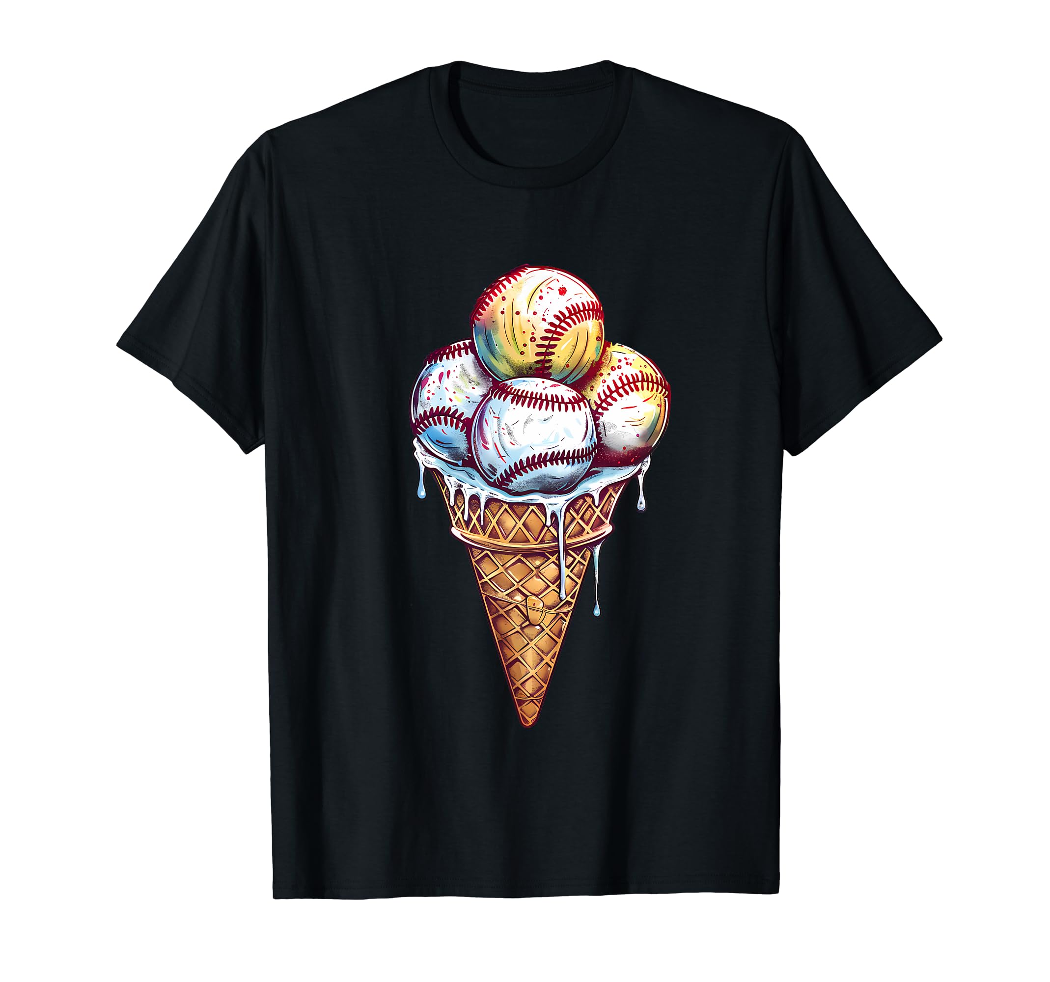 Baseball Ice Cream Watercolor Sports Lover Ice Cream Cone T-Shirt ...