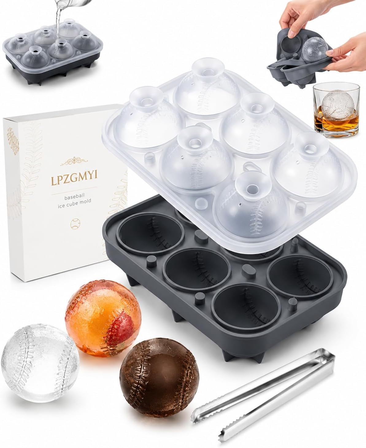 Baseball Ice Molds 6-Cavity Set Ball Ice Cube Mold Large Silicone ...
