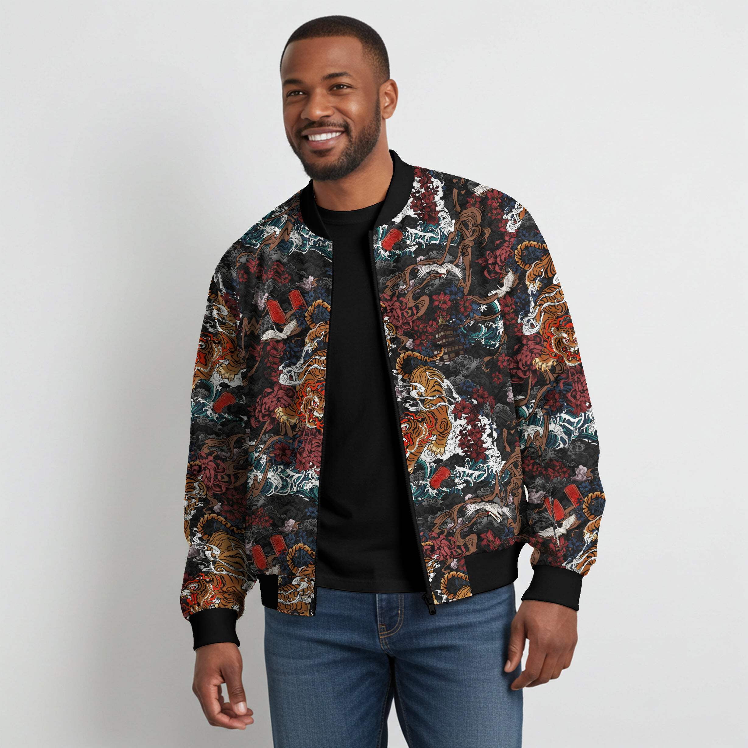 Baseball Jacket/Outerwear 100% Polyester Black Men/Women Unisex Aloha Tiger In The Mist ...