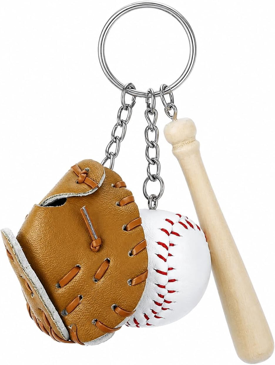 Baseball Keychain Set - 3-Piece Wooden Bat, Ball & Glove Charm for Men ...