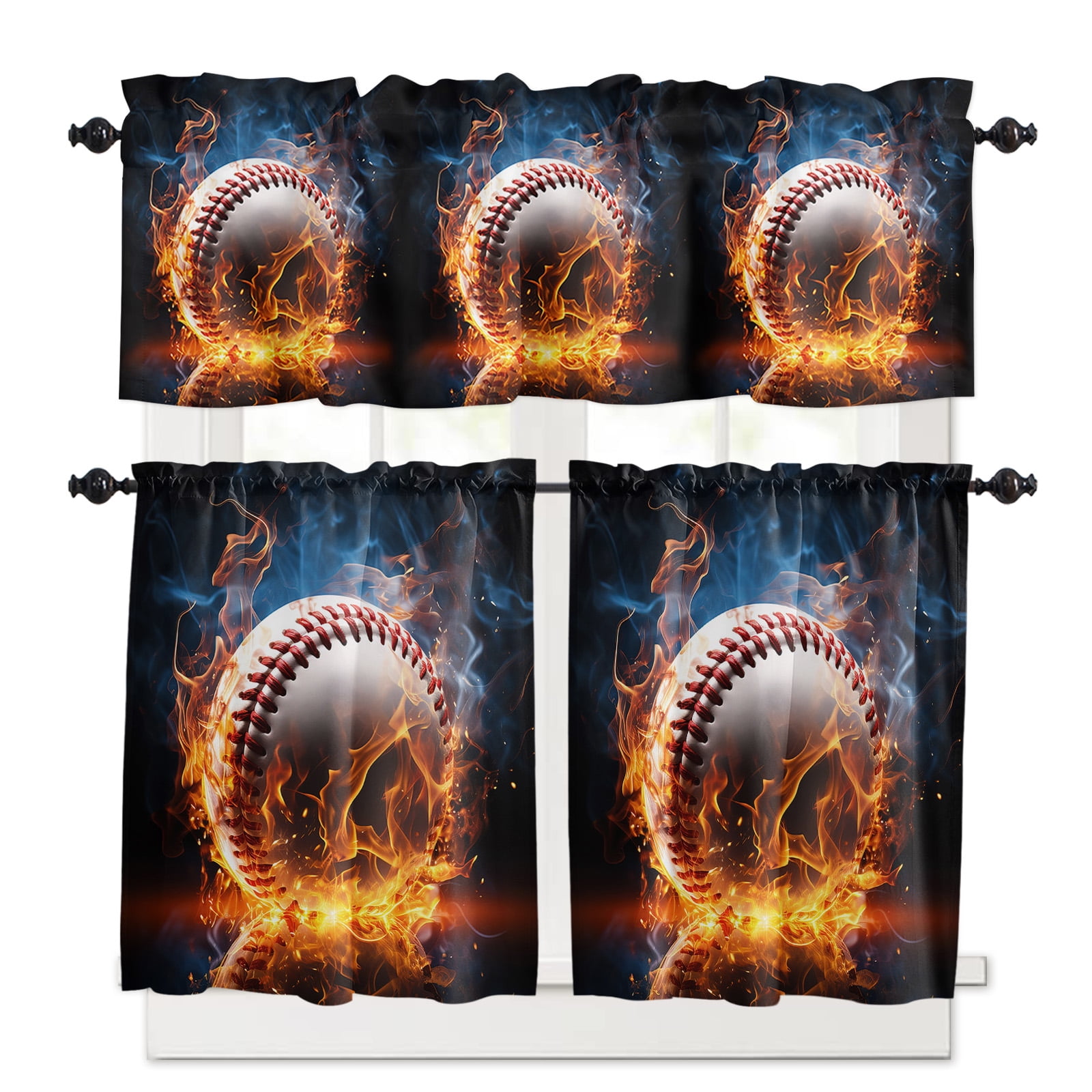 Baseball Kitchen Curtains Set for Windows 3 Pieces,24 Inch Length Tier ...