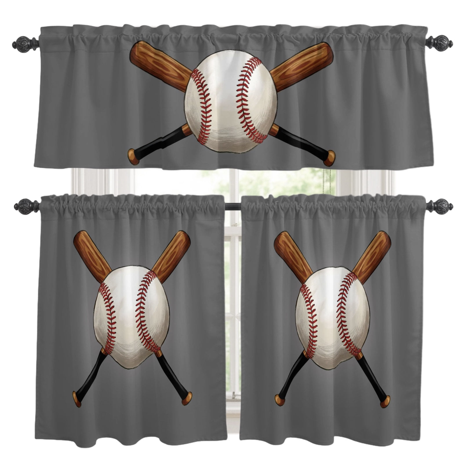 Baseball Kitchen Curtains Set for Windows, Sports Gray Background ...