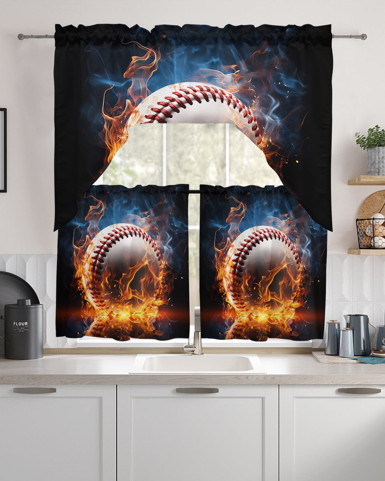 Baseball Kitchen Curtains and Valance Set,Sports Theme Gradient Orange ...