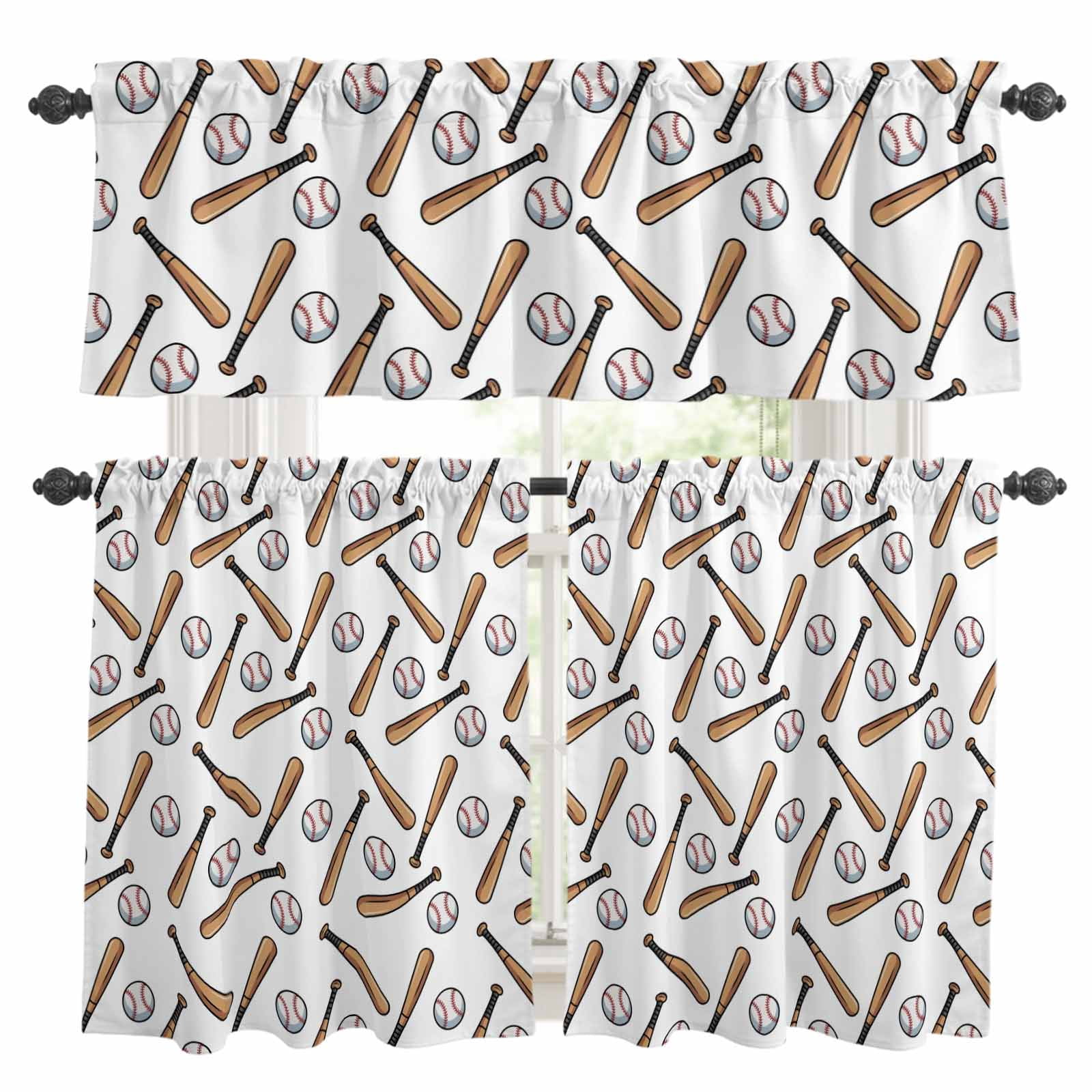 Baseball Kitchen Curtains Valances and Tiers Set of 3 Retro Sports ...