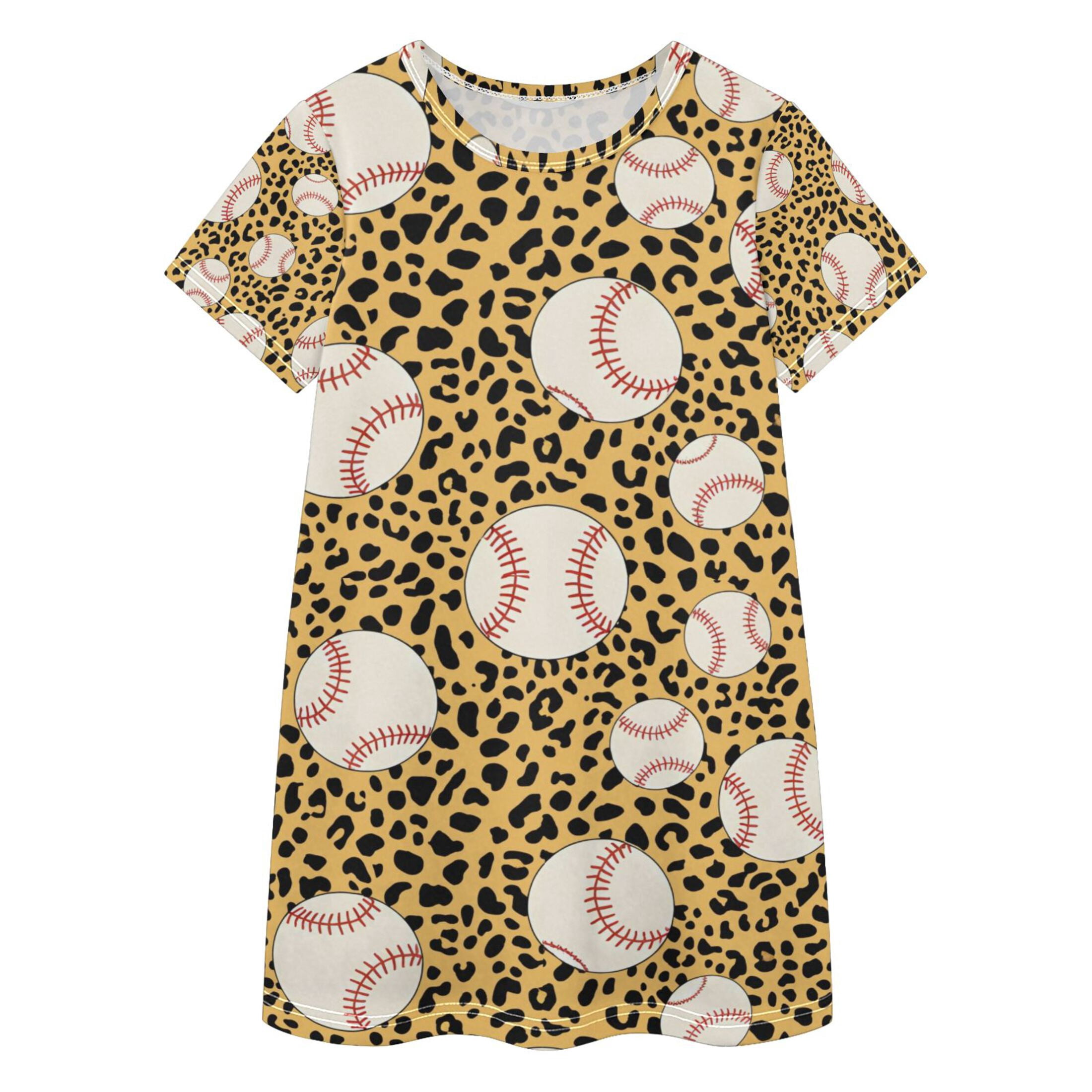 Baseball Leopard Print Pattern Girls' Casual Dresses Short Sleeve ...