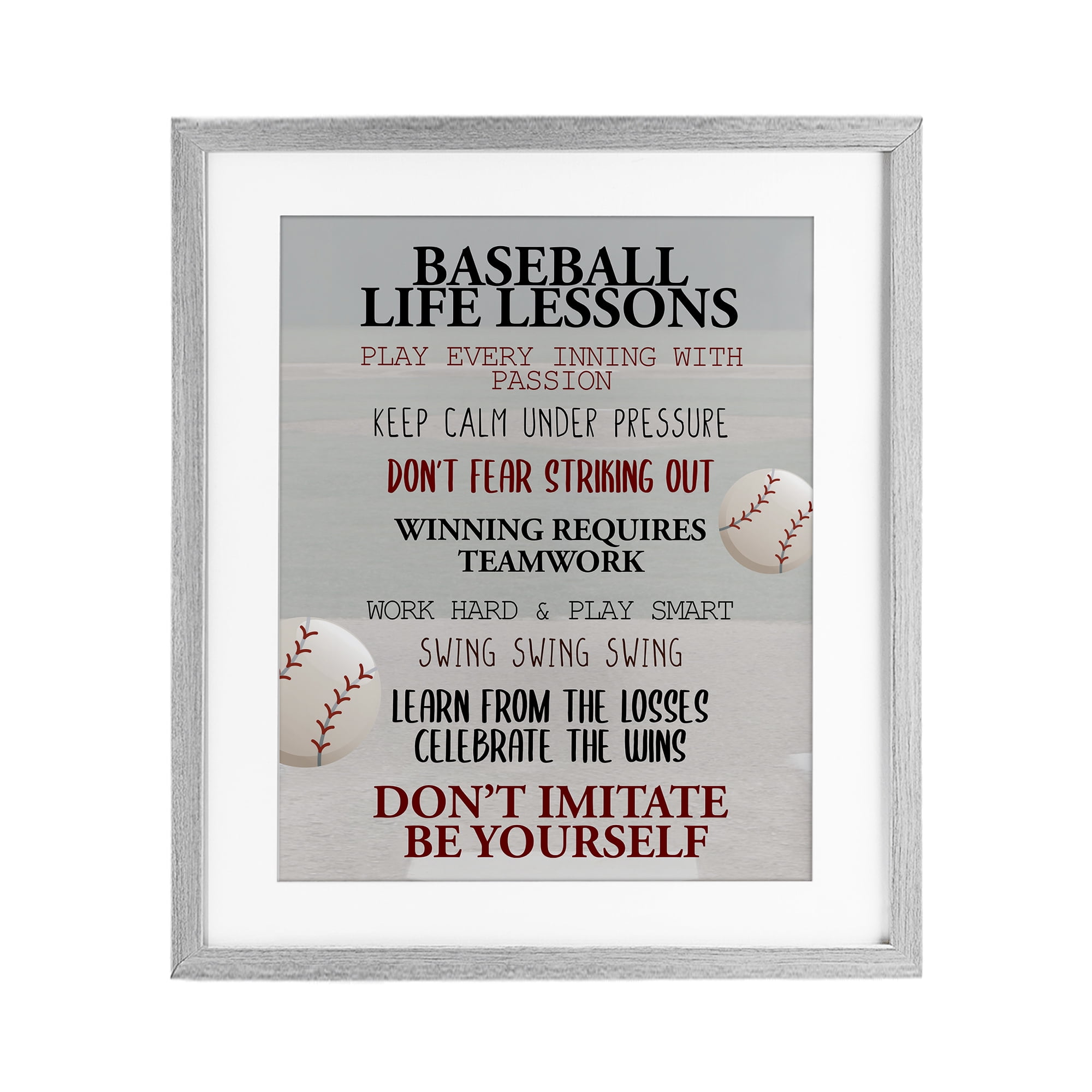 Baseball Life Lessons Gray Framed Print Under Glass, design by Kim ...