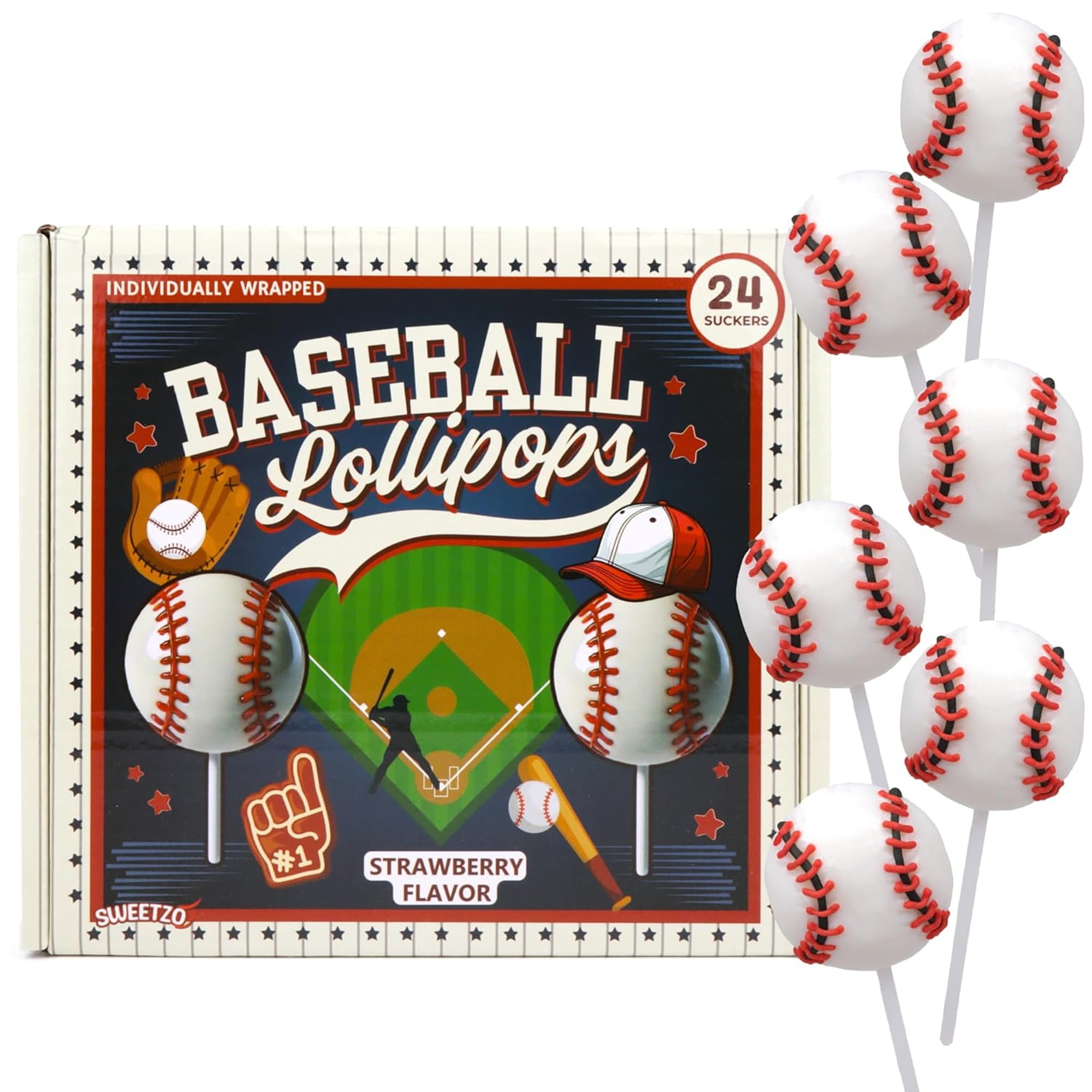 Sweetzo Baseball Lollipops 24 Count Box 10.16 Ounces Strawberry ...