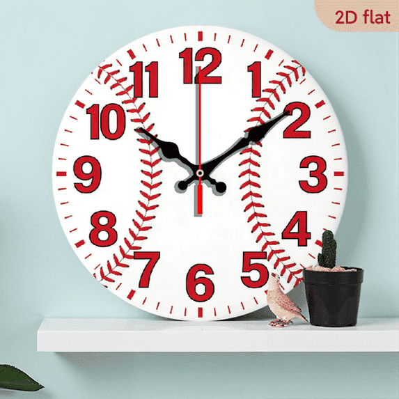 Baseball MDF Wood 10in Round Wall Clock, Silent Non-Ticking Battery ...
