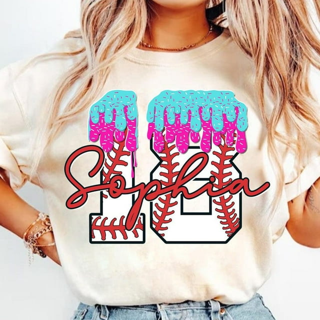 Baseball Mama T-Shirt, Custom Number Drip Tee, Game Day Ice Cream ...