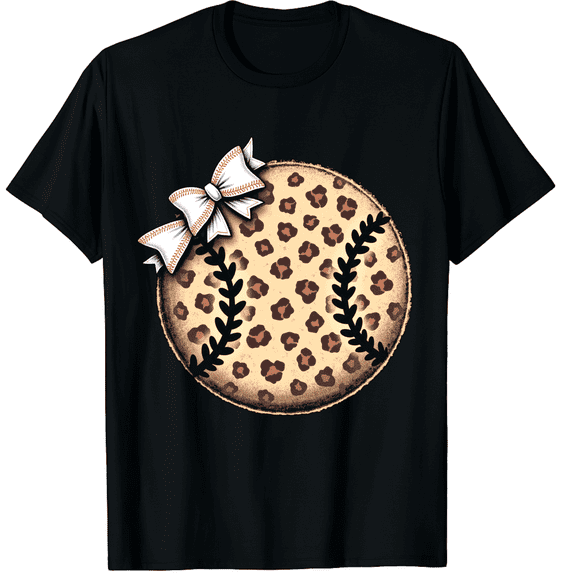 Baseball Mom Leopard Print Big Ball Bow Graphic Short Sleeve T-Shirt ...