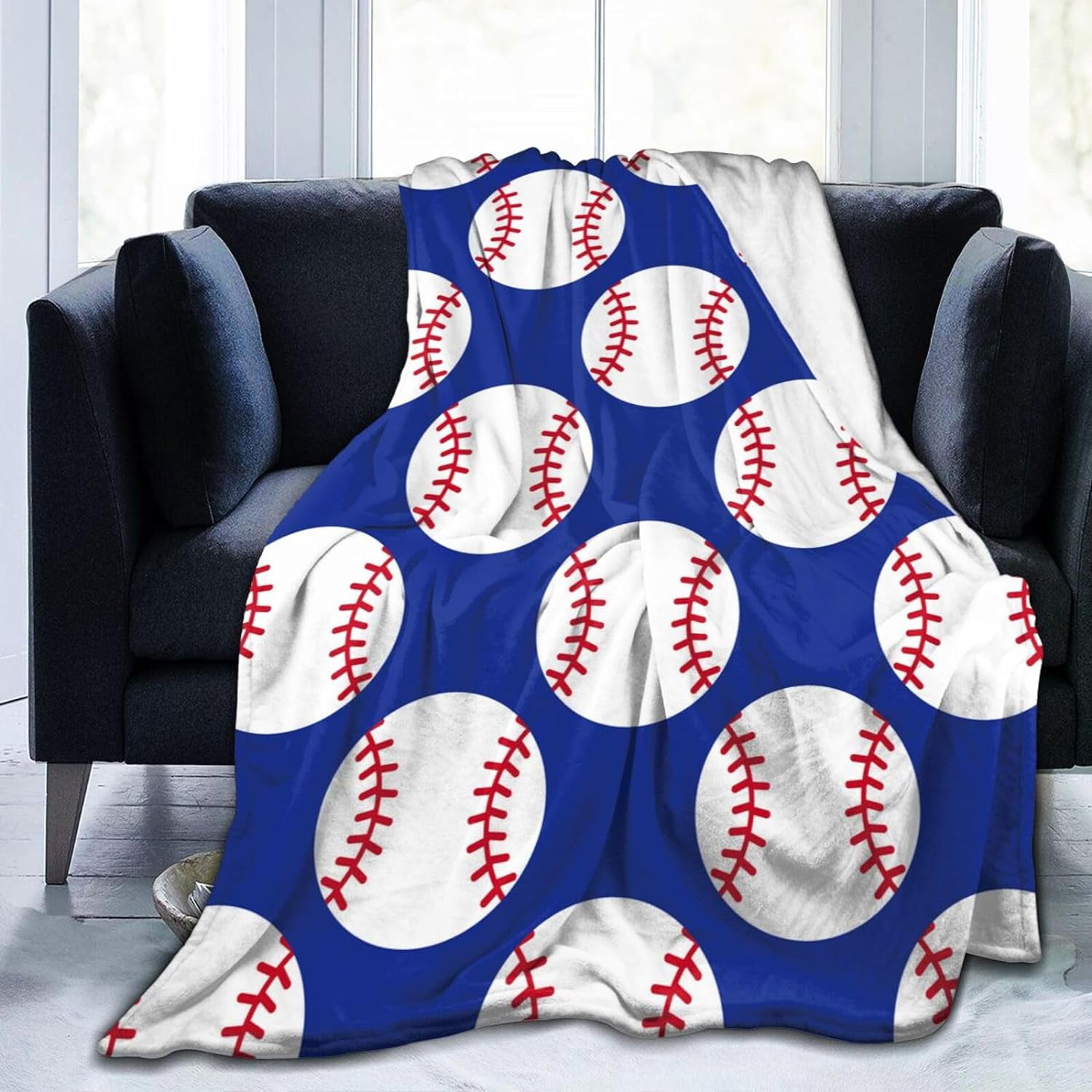 Baseball Navy Blue Sports Ball Throw Blanket Soft Bed Bedding Warm Cozy ...
