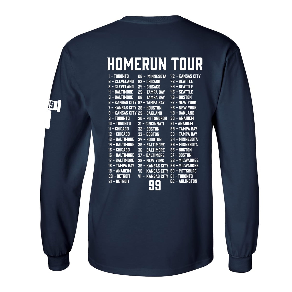 Baseball Number 99 Judge 62nd Homerun Tour 62 Cities Homerun Mens Long ...