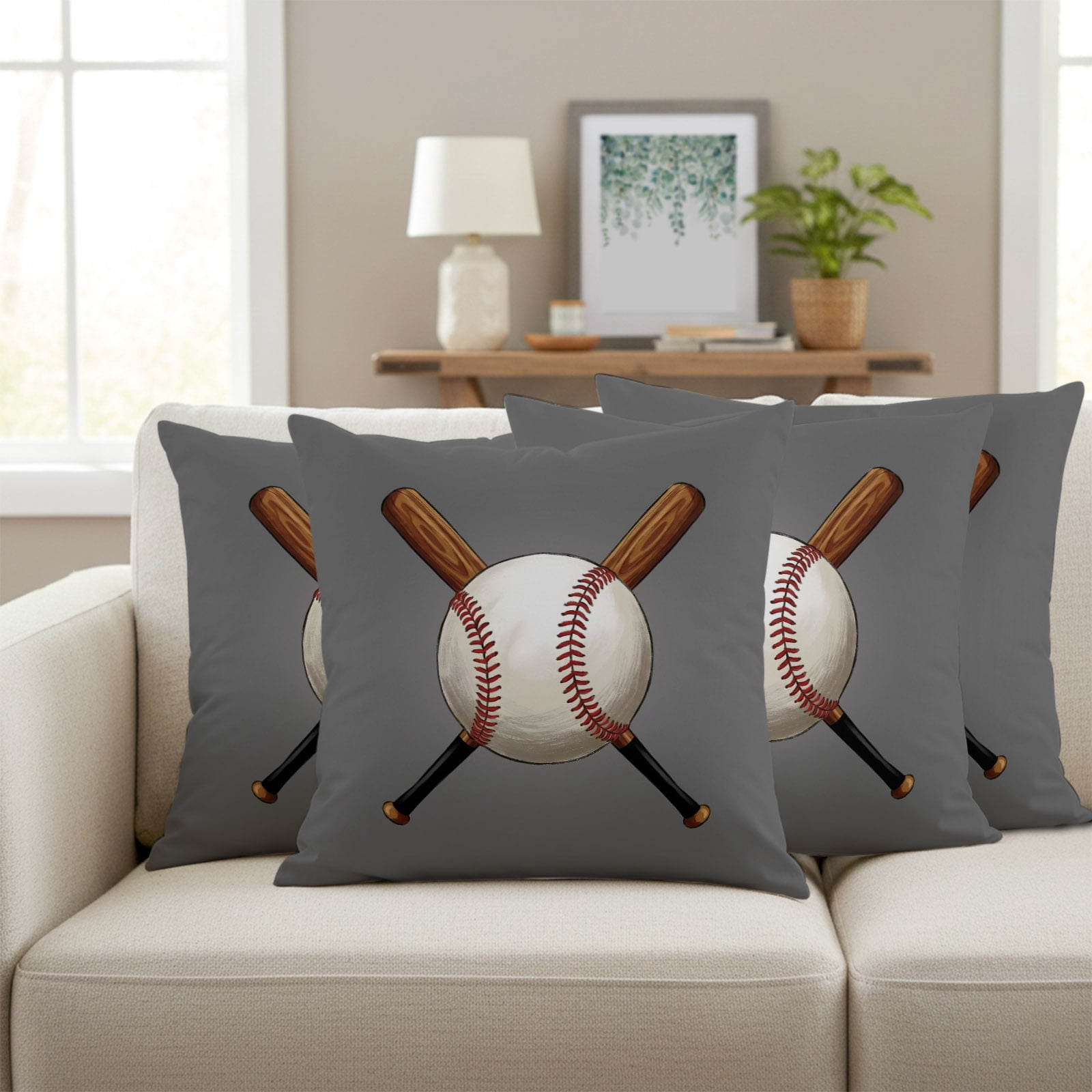 Baseball Pillow Covers Set of 4, Sports Gray Background Cartoon 20x20 ...