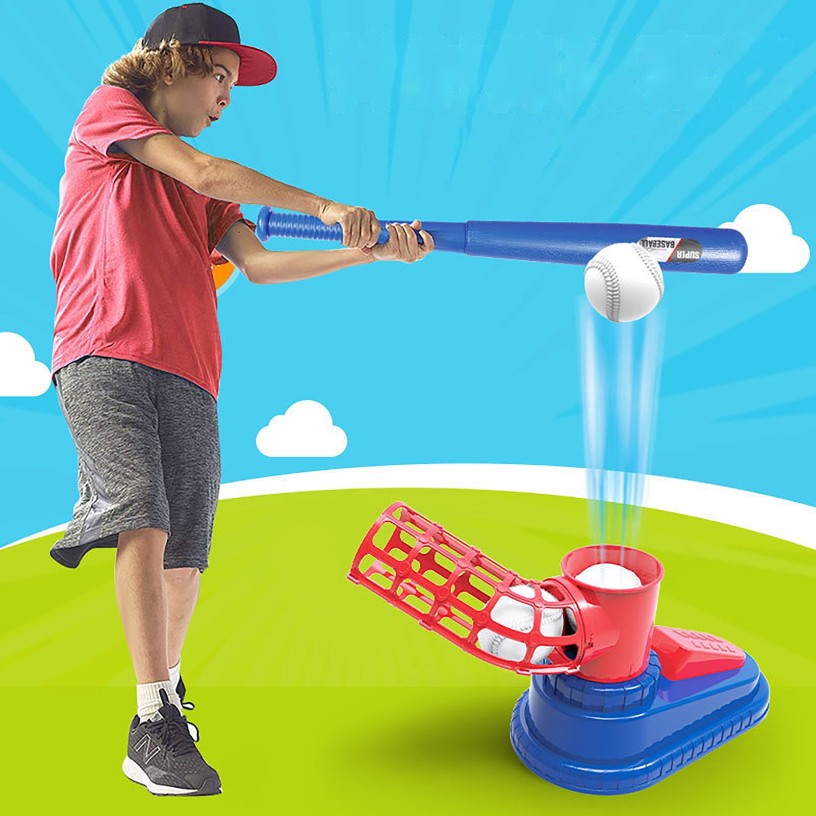Baseball Pitching Machine Set for Kids with 23" Foldable Plastic Bat, 6 ...