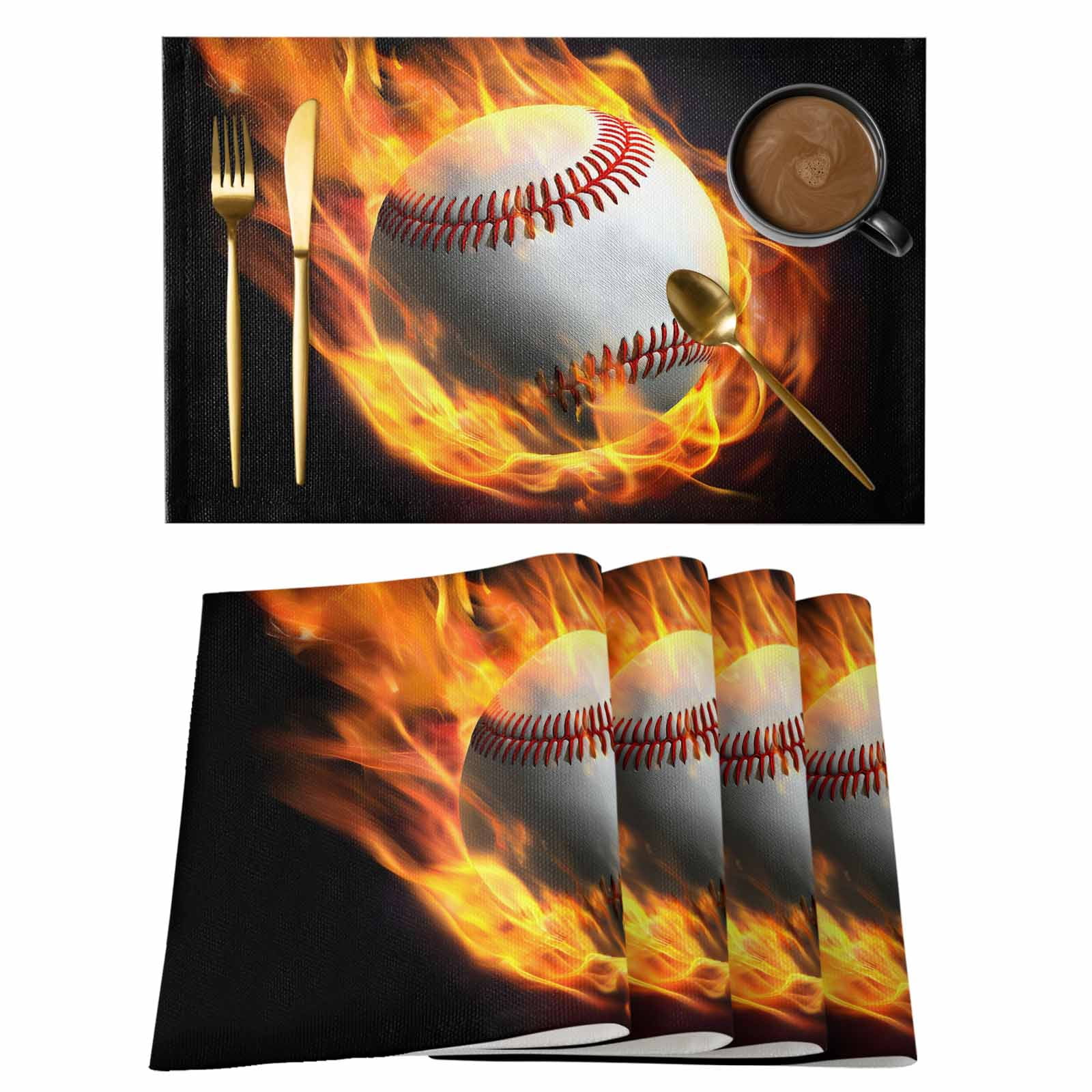 Baseball Placemats Set of 8 Modern Buruning Flame Sport Black ...