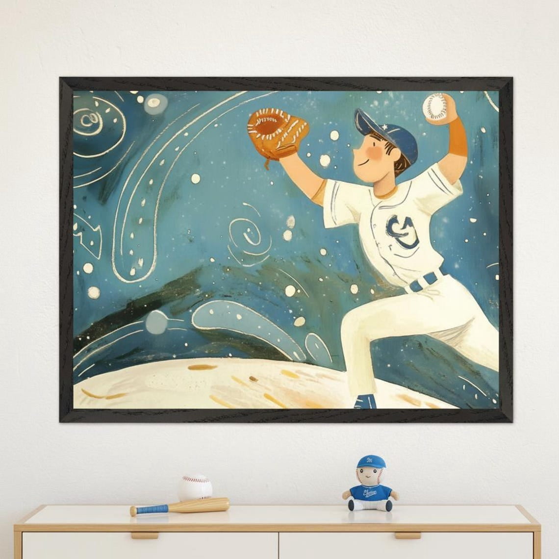 Baseball Player Celestial Sky Wall Art Whimsical Space Sports Decor ...