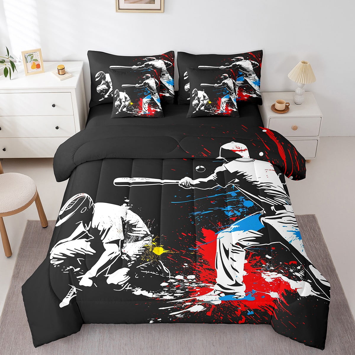 Baseball Player Full Comforter Set - 7 Pieces Bed in a Bag Set,Rainbow ...