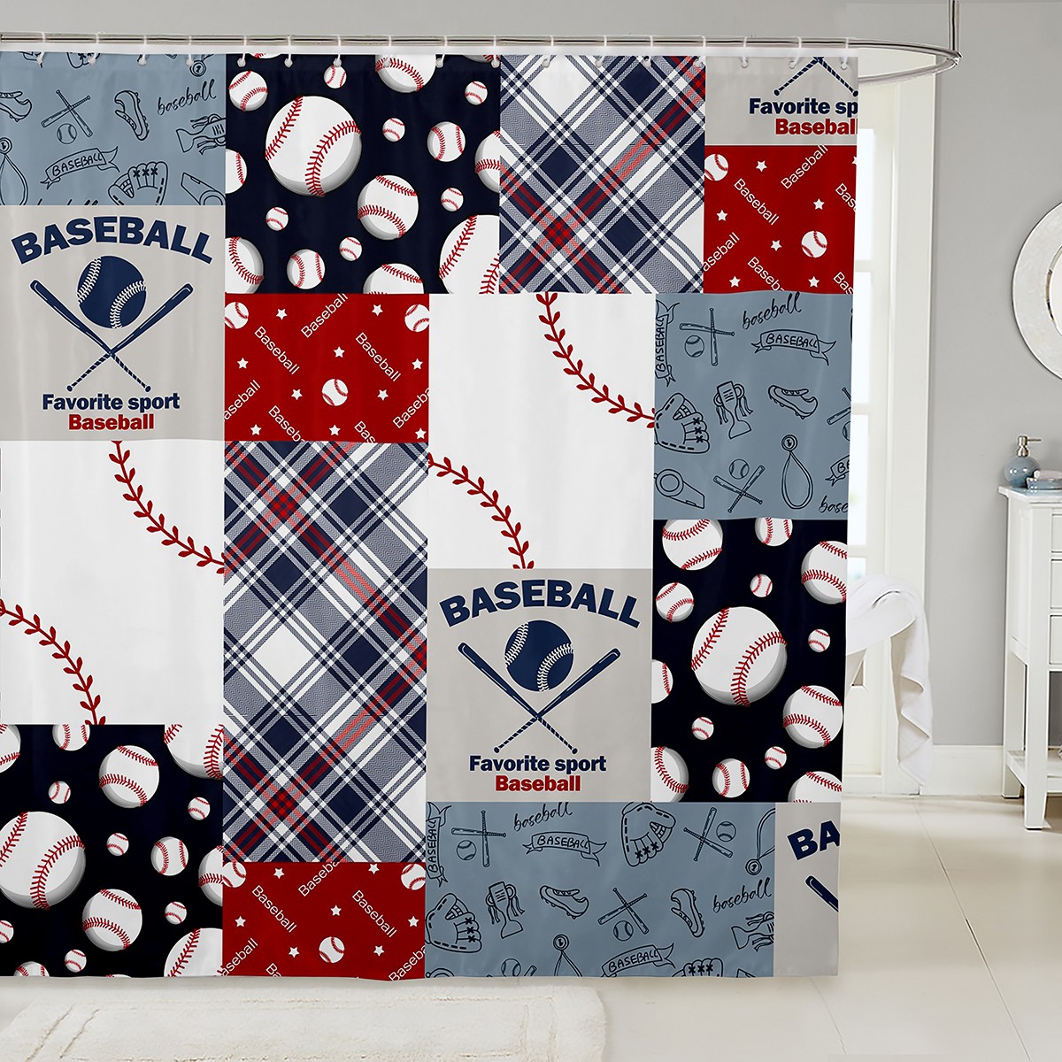 Baseball Print Bathroom Shower Curtain Sets 72" W X 72" L Sports Games Fabric Shower Curtain ...