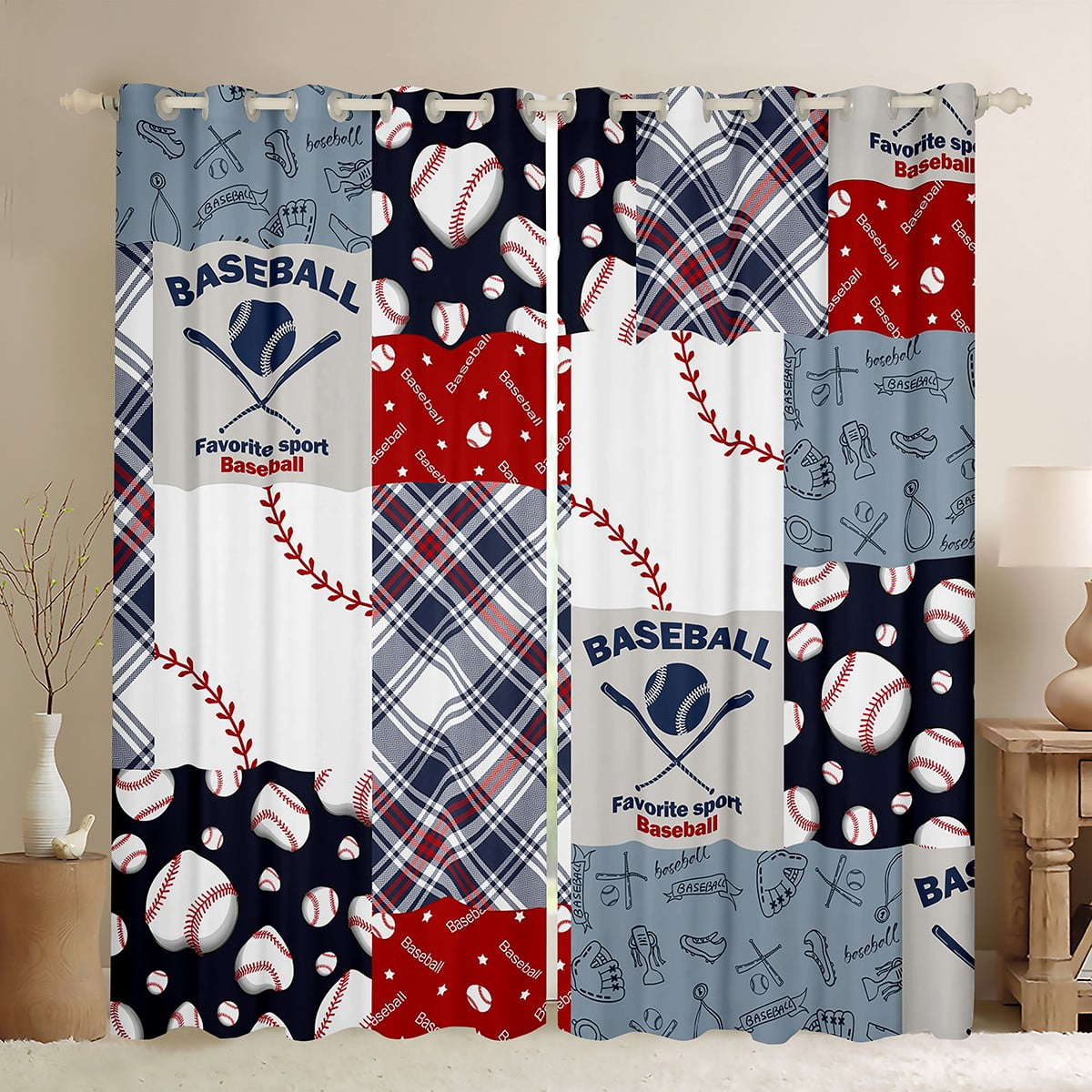 Baseball Print Blackout Curtains 52"Wx63"L 2 Panels Sports Games ...