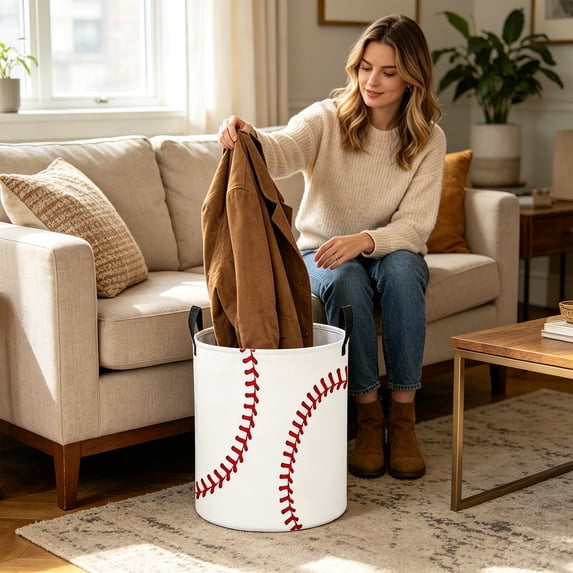 Baseball‑Print Round Storage Basket, Cylindrical Laundry Hamper, Large ...