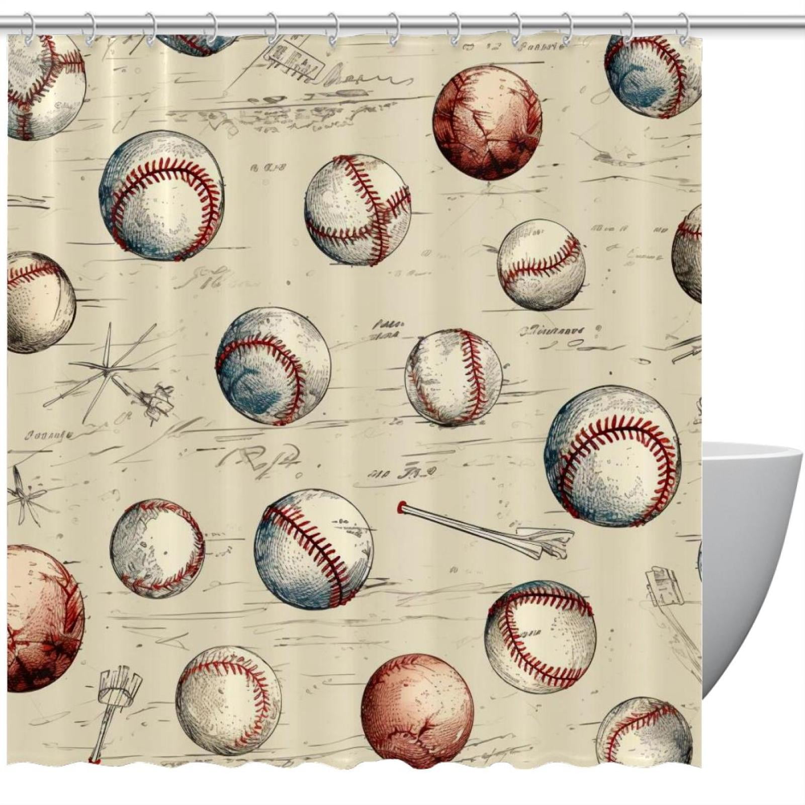 Baseball Printed Waterproof Shower Curtain Set with Hooks - Bathroom ...