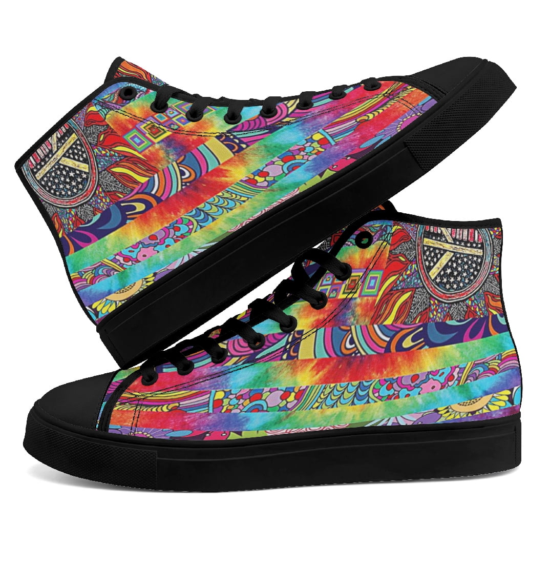 Hippie Sunflower Peace Sign High Top Canvas Shoes Sneakers Black Size ...