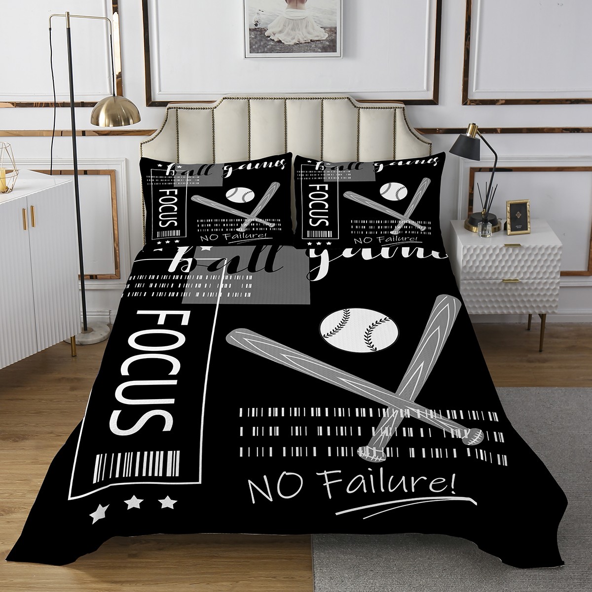 Baseball Quilt Set Twin Size,Black and White Baseball Bedding Set Room ...